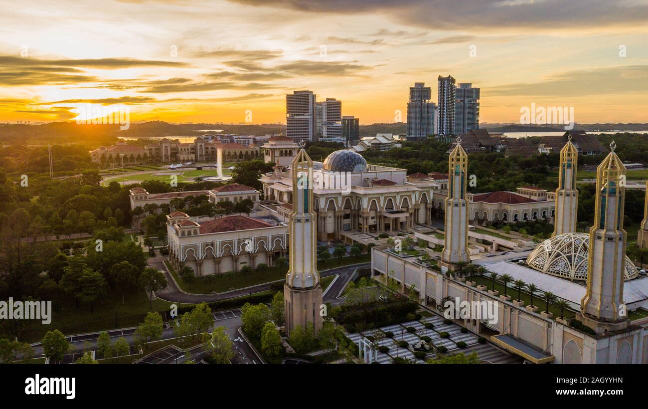Beautiful aerial view of sunrise at The Kota Iskandar Mosque located at ...