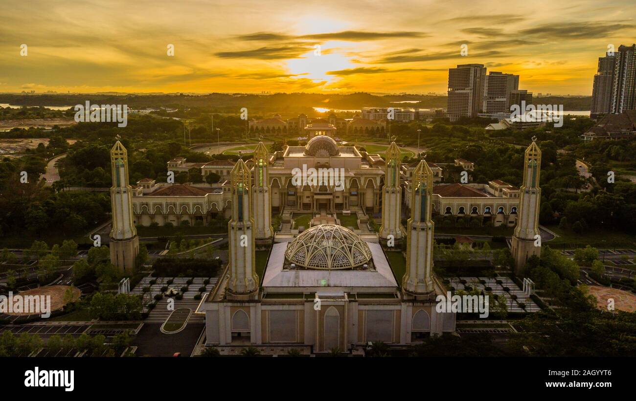 Beautiful aerial view of sunrise at The Kota Iskandar Mosque located at ...