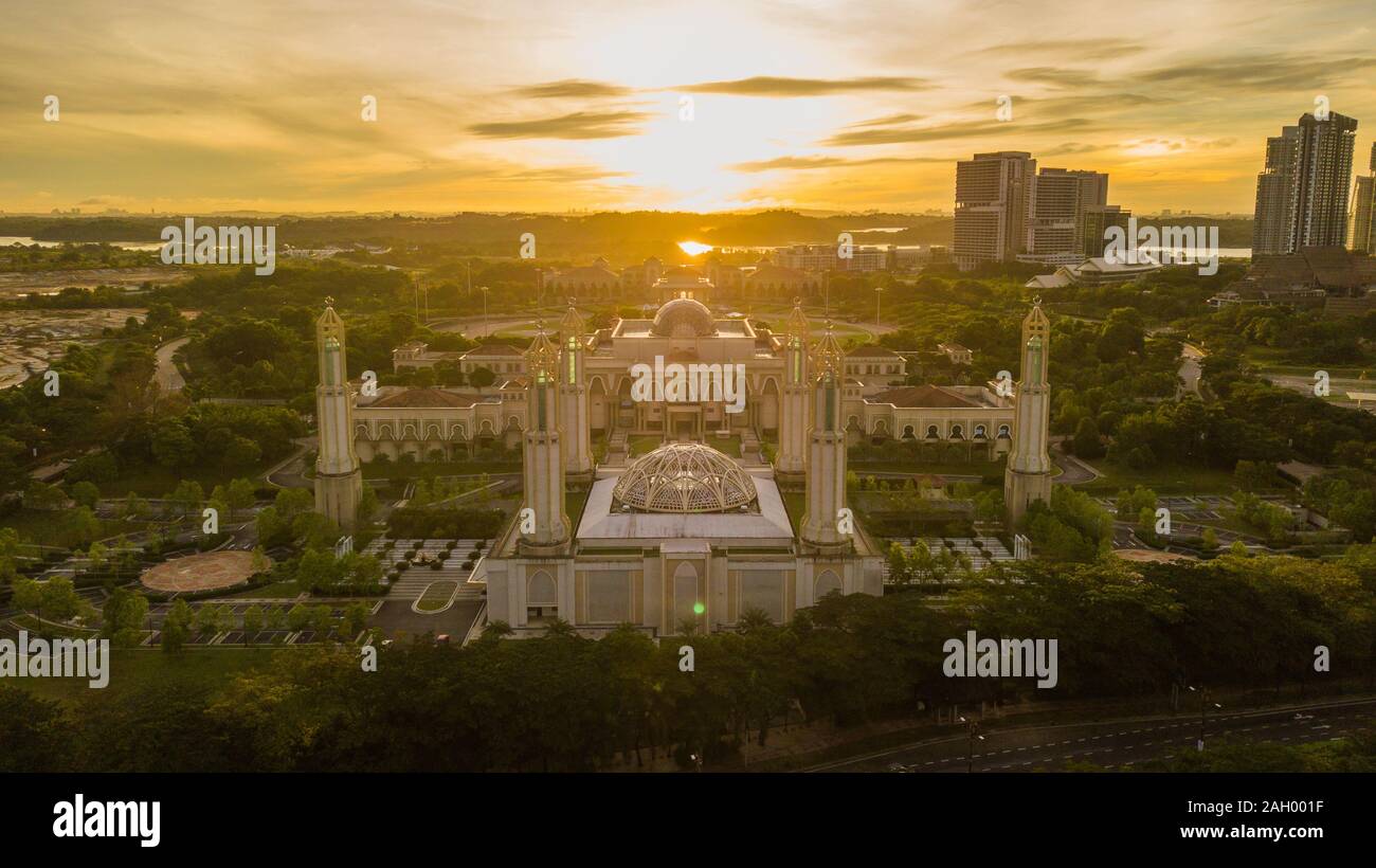 Beautiful aerial view of sunrise at The Kota Iskandar Mosque located at ...