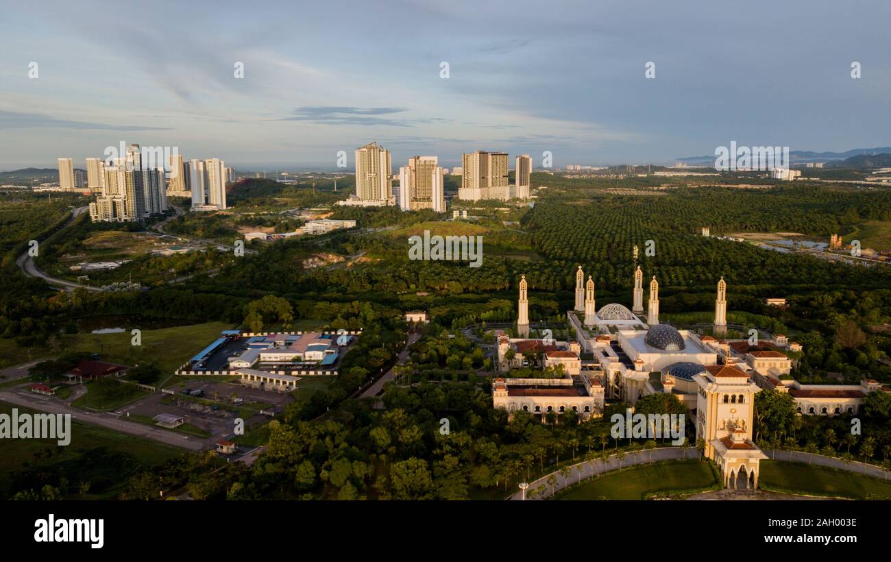 Beautiful aerial view of sunrise at The Kota Iskandar Mosque located at ...