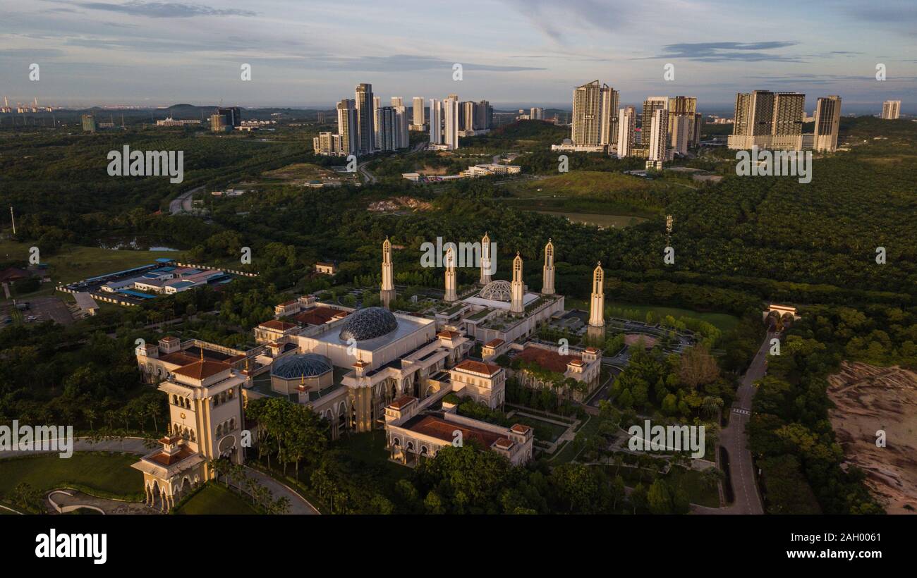 Beautiful aerial view of sunrise at The Kota Iskandar Mosque located at ...