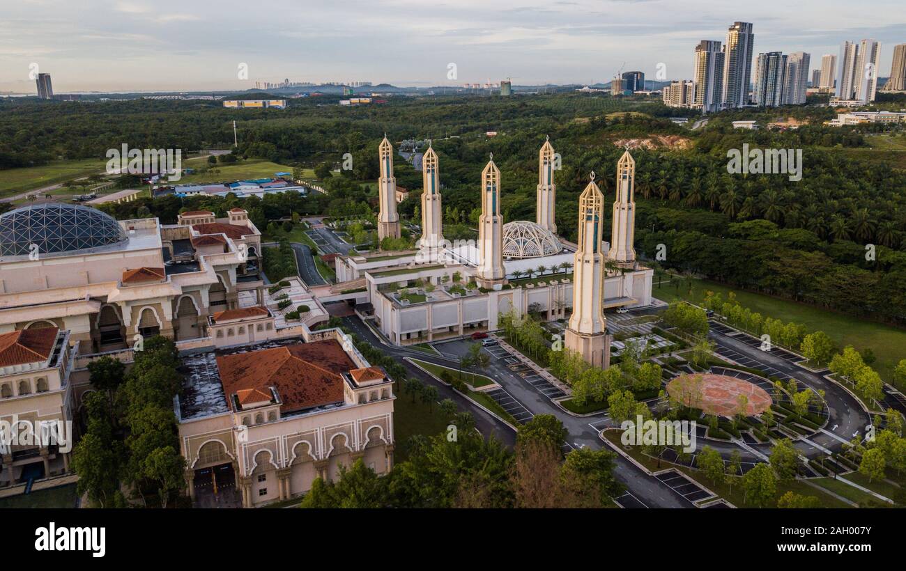 Beautiful aerial view of sunrise at The Kota Iskandar Mosque located at ...