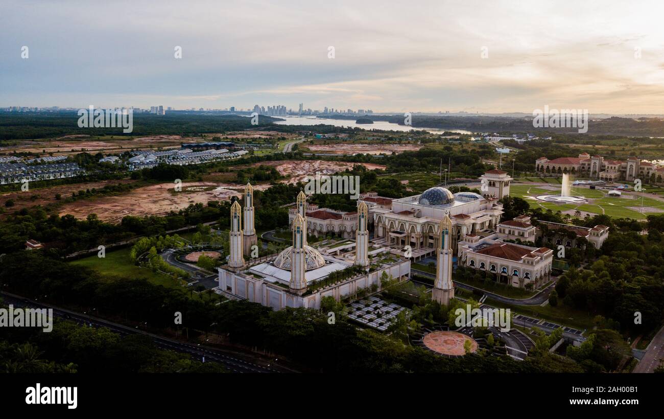 Beautiful aerial view of sunrise at The Kota Iskandar Mosque located at ...