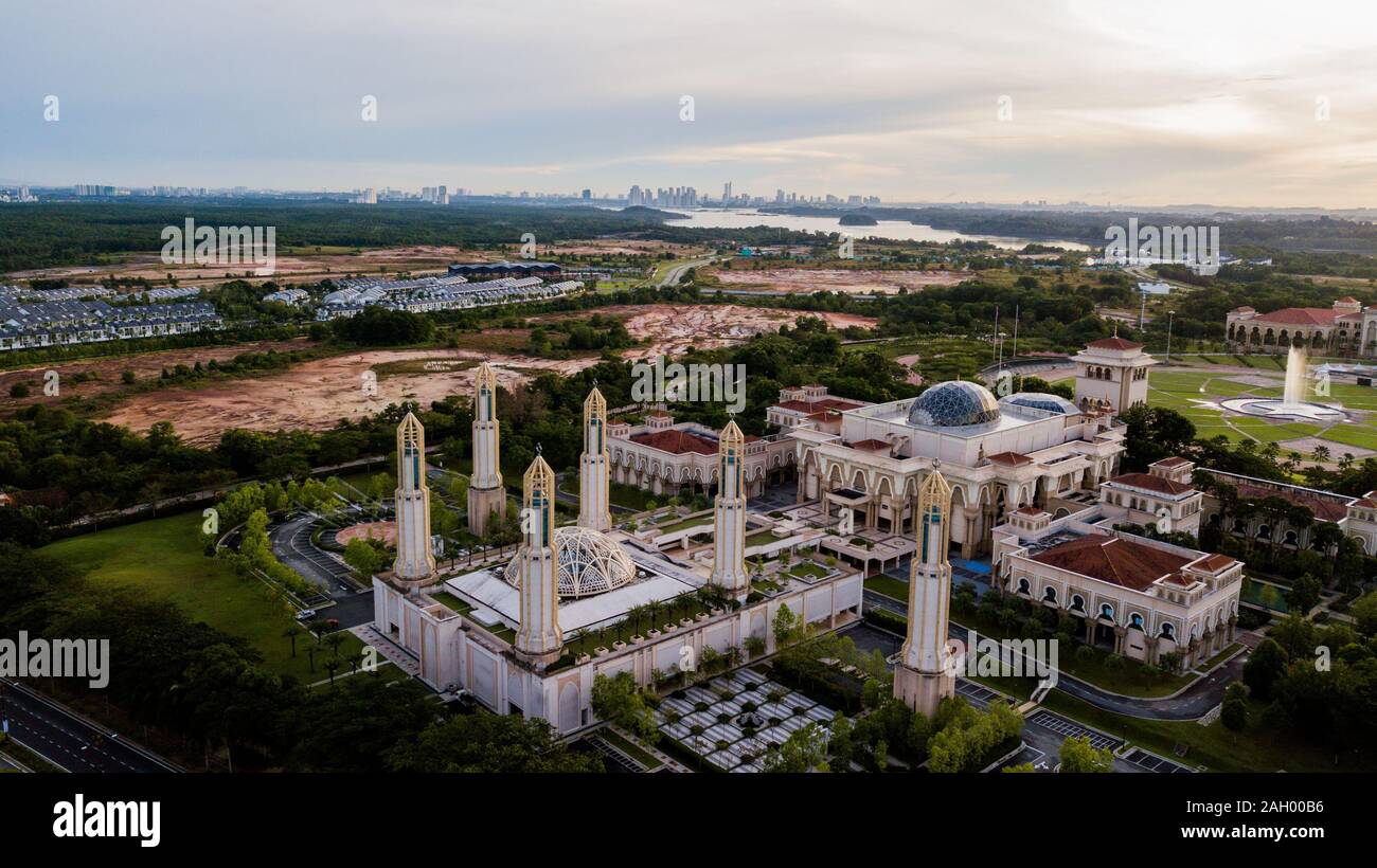 Beautiful aerial landscape at The Kota Iskandar Mosque during surise ...