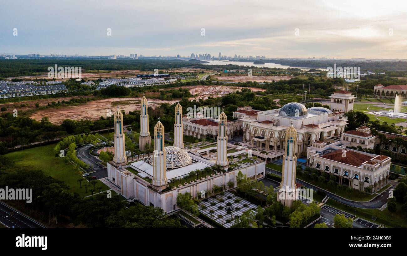Beautiful aerial view of sunrise at The Kota Iskandar Mosque located at ...