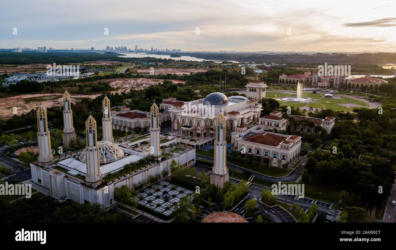 Beautiful aerial view of sunrise at The Kota Iskandar Mosque located at ...
