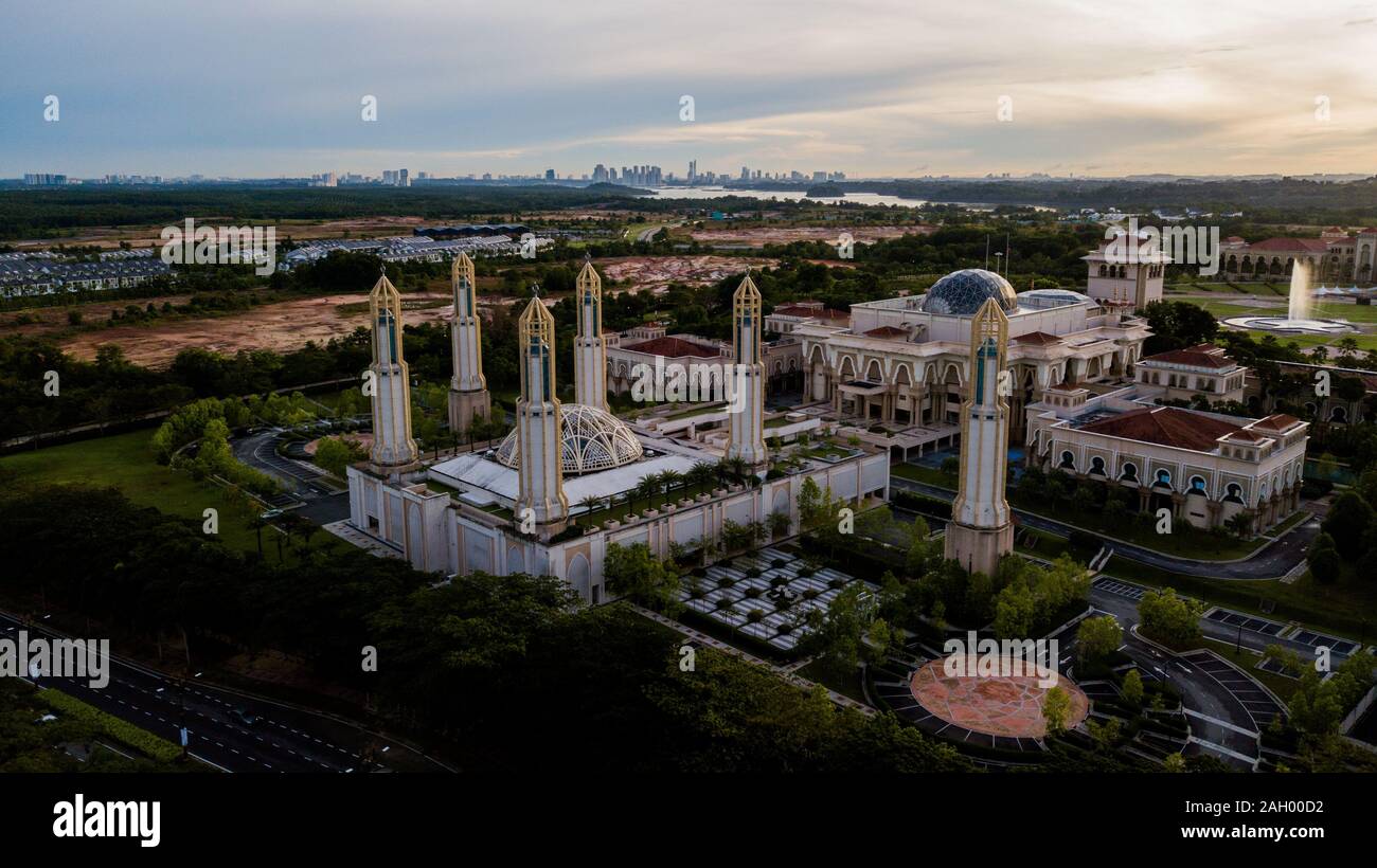 Beautiful aerial view of sunrise at The Kota Iskandar Mosque located at ...