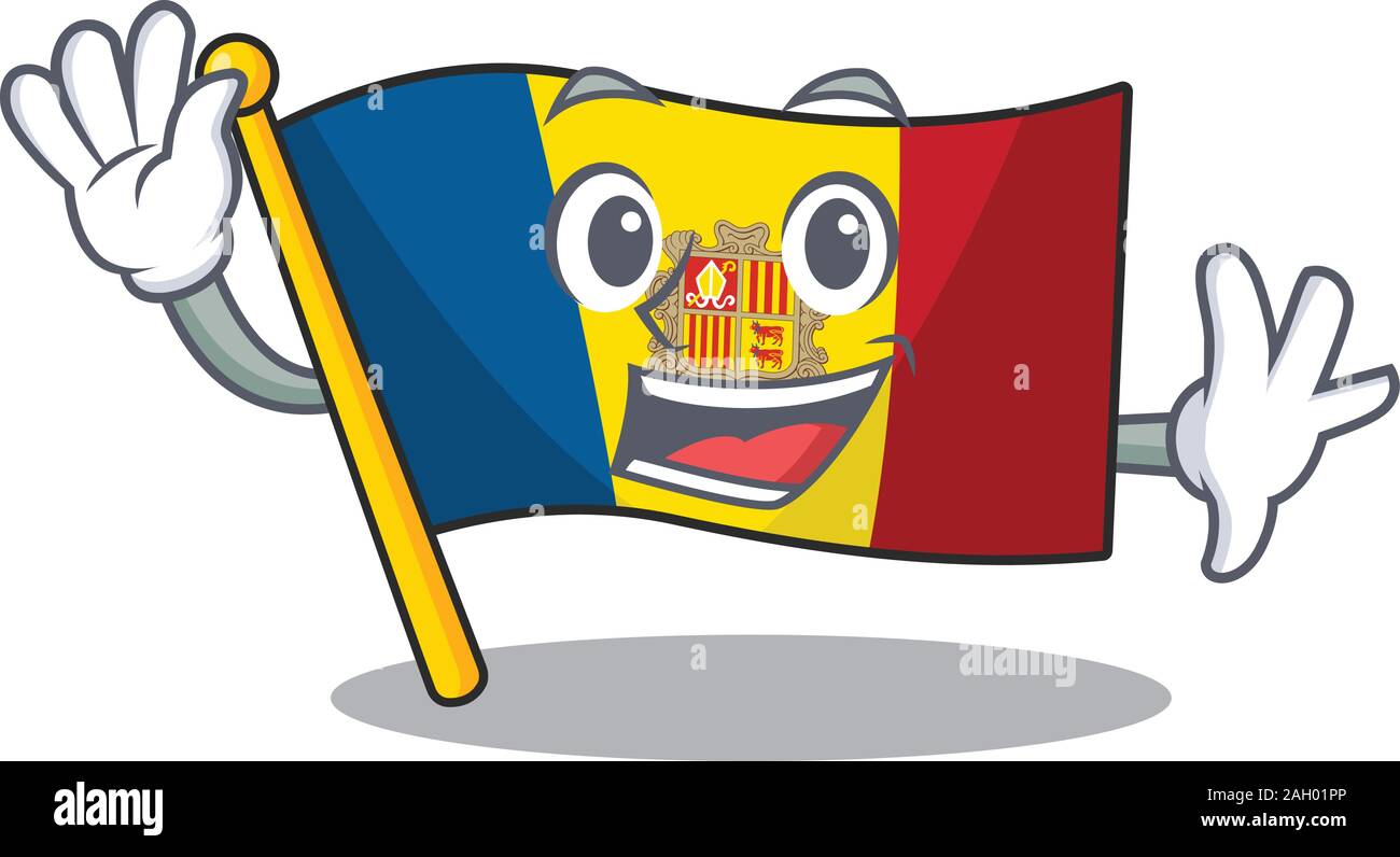 Waving cute smiley flag andorra Scroll cartoon character design Stock ...