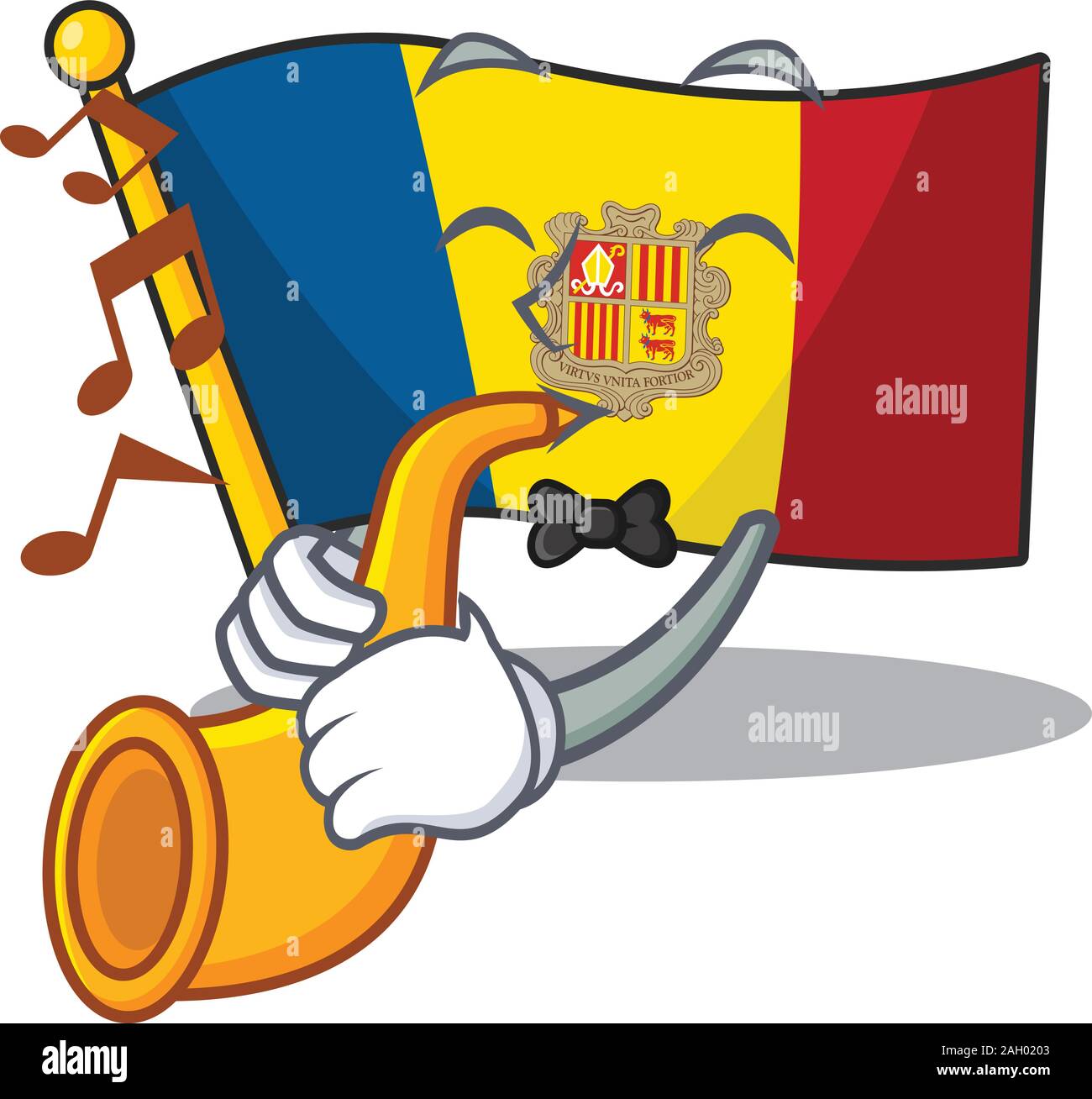 Flag andorra Scroll cartoon character design performance with trumpet ...