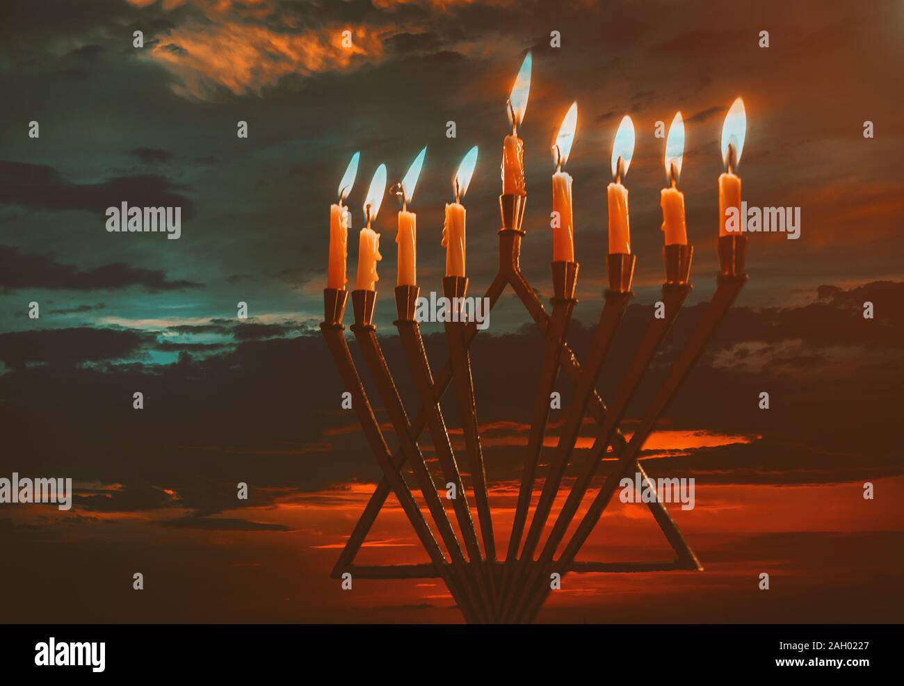 Jewish holiday Hanukkah with menorah traditional burning candles ...