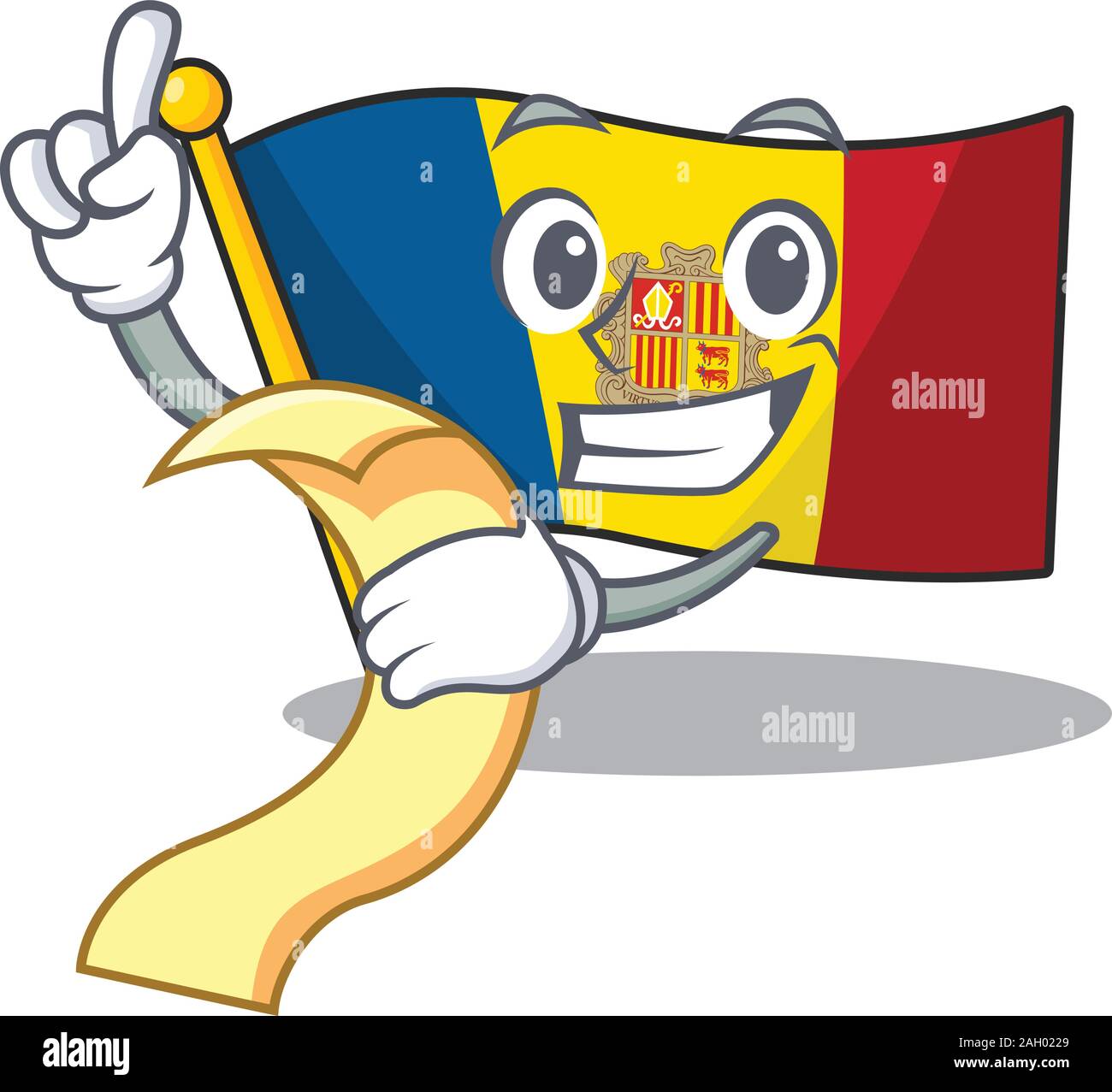 Flag andorra Scroll cartoon character holding menu ready to serve Stock ...