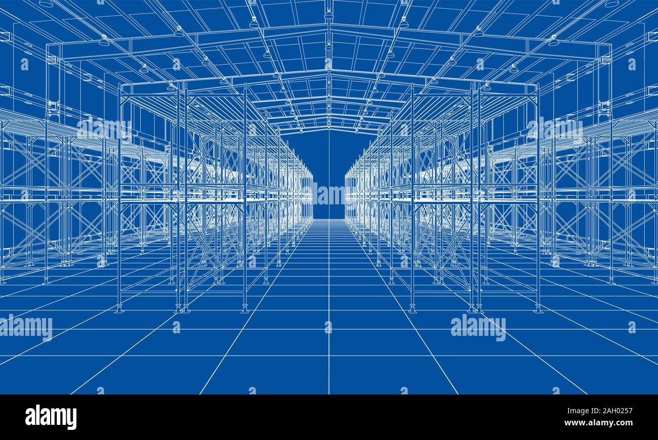 Drawing or sketch of a large warehouse with shelves. Vector obtained ...