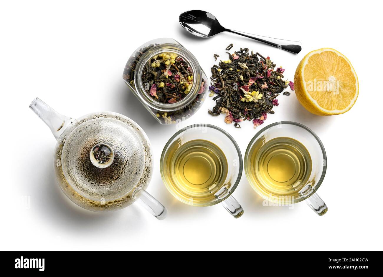 Green tea with natural aromatic additives and accessories. Top view on ...