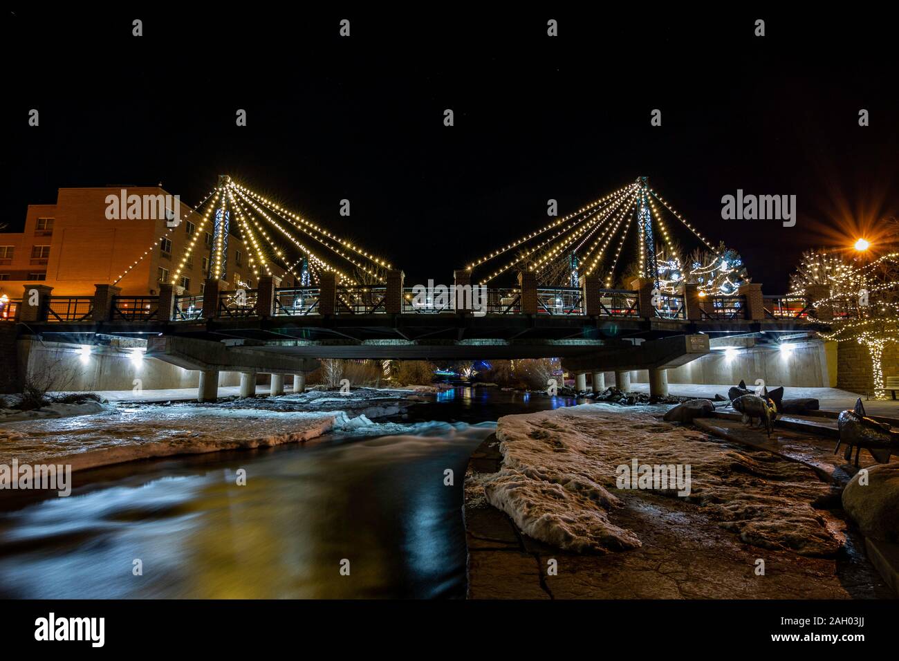 Bridge decorated for Christmas in downtown Golden, Colorado USA 2019 ...