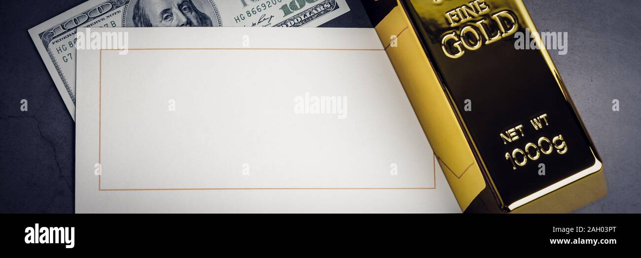 Gold bar ingot bullion dollar bill and greeting card Stock Photo - Alamy