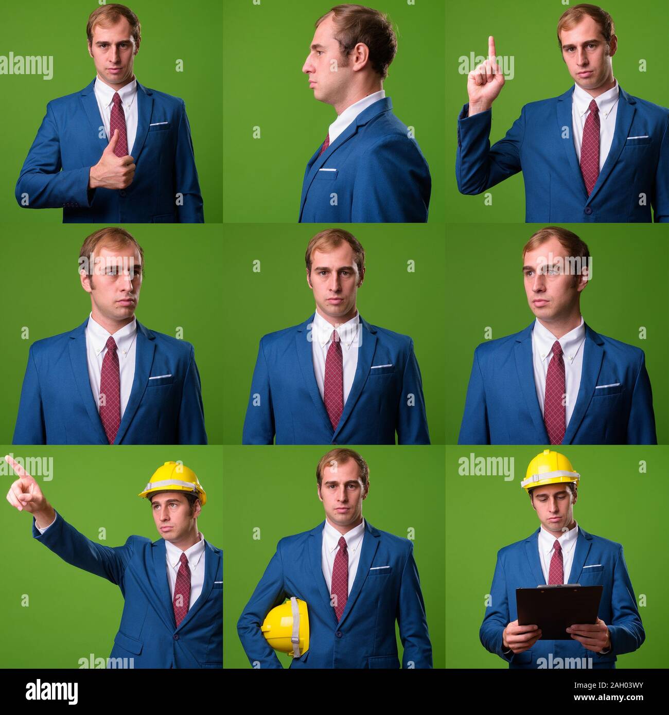Collage of young businessman in suit with hardhat Stock Photo - Alamy