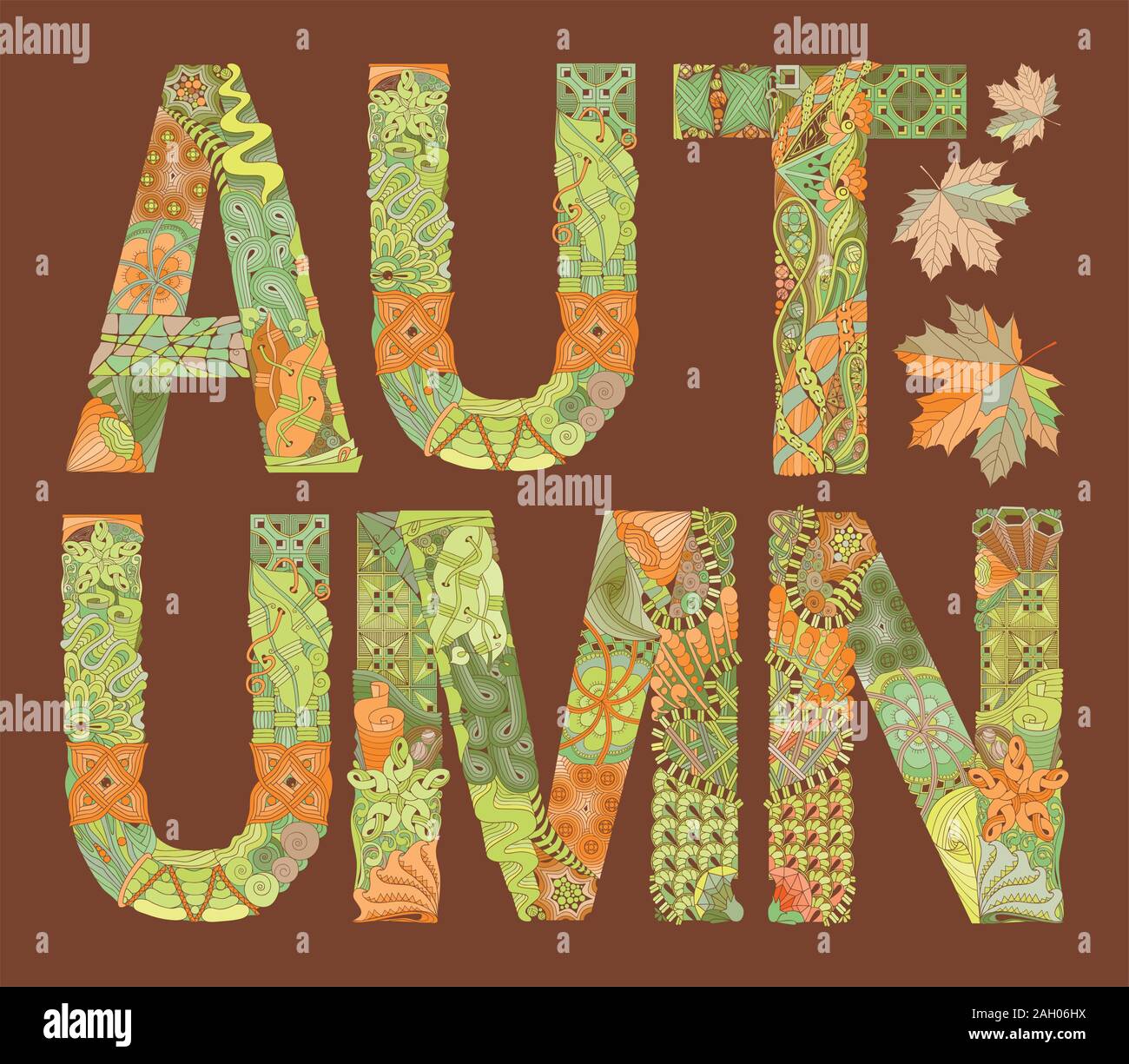 Word autumn with falling leaves on a dark background. Vector decorative ...