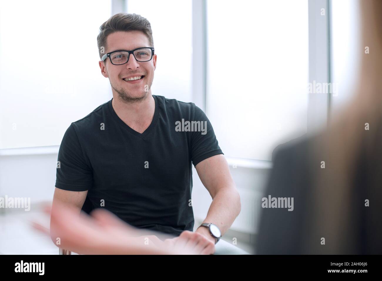 Communication smiling sitting journalist interview hi-res stock ...