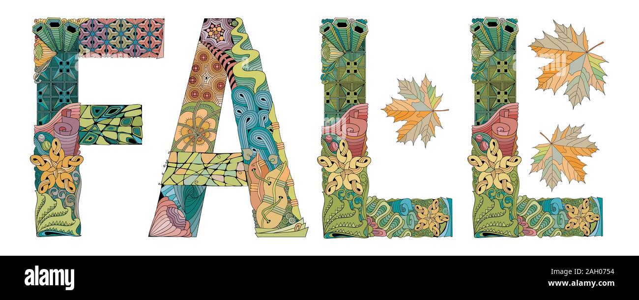 Word fall with falling leaves. Vector decorative zentangle object Stock ...