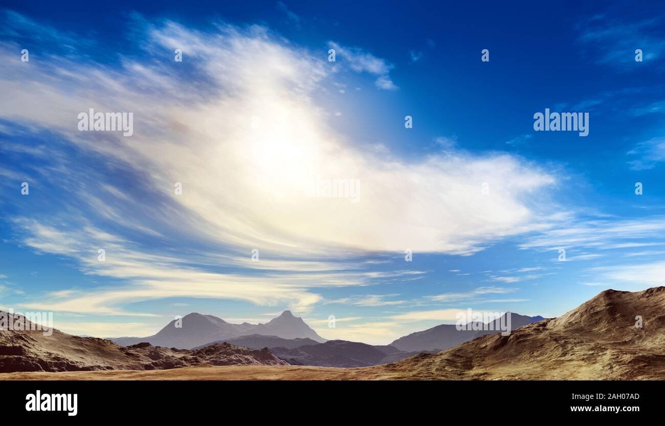 Colorful panoramic landscape: blue sky and fluffy clouds. (Plane ...