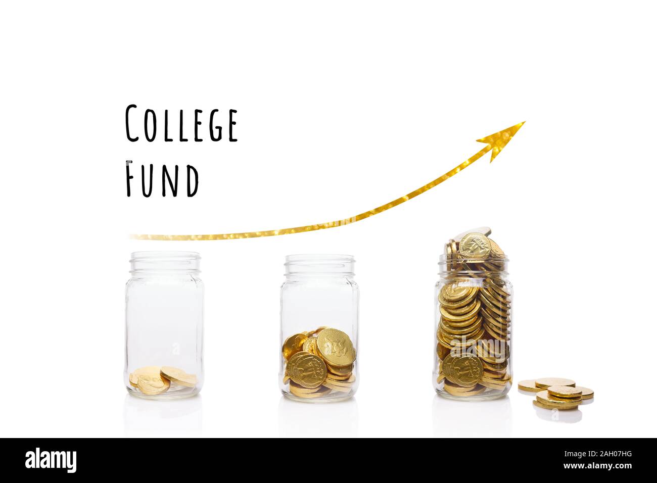 Part of Financial series images. Collage with glass jars with gold ...