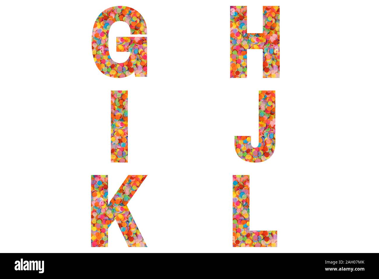 Confetti font Alphabet g, h, i, j, k, l made of colored confetti ...