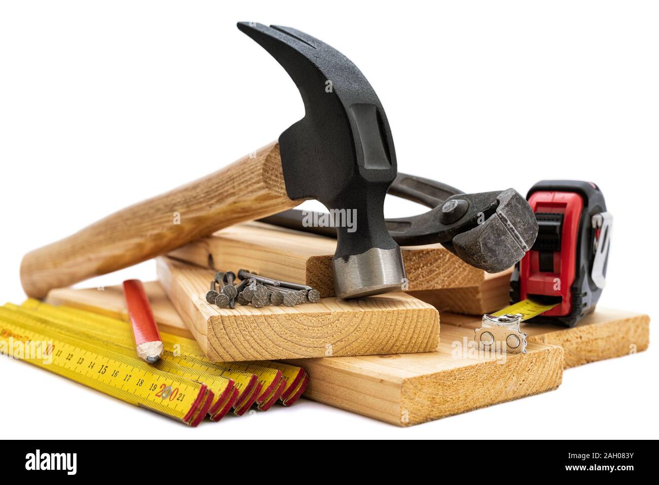 Close-up of hammer and carpenter's tools on a white background ...