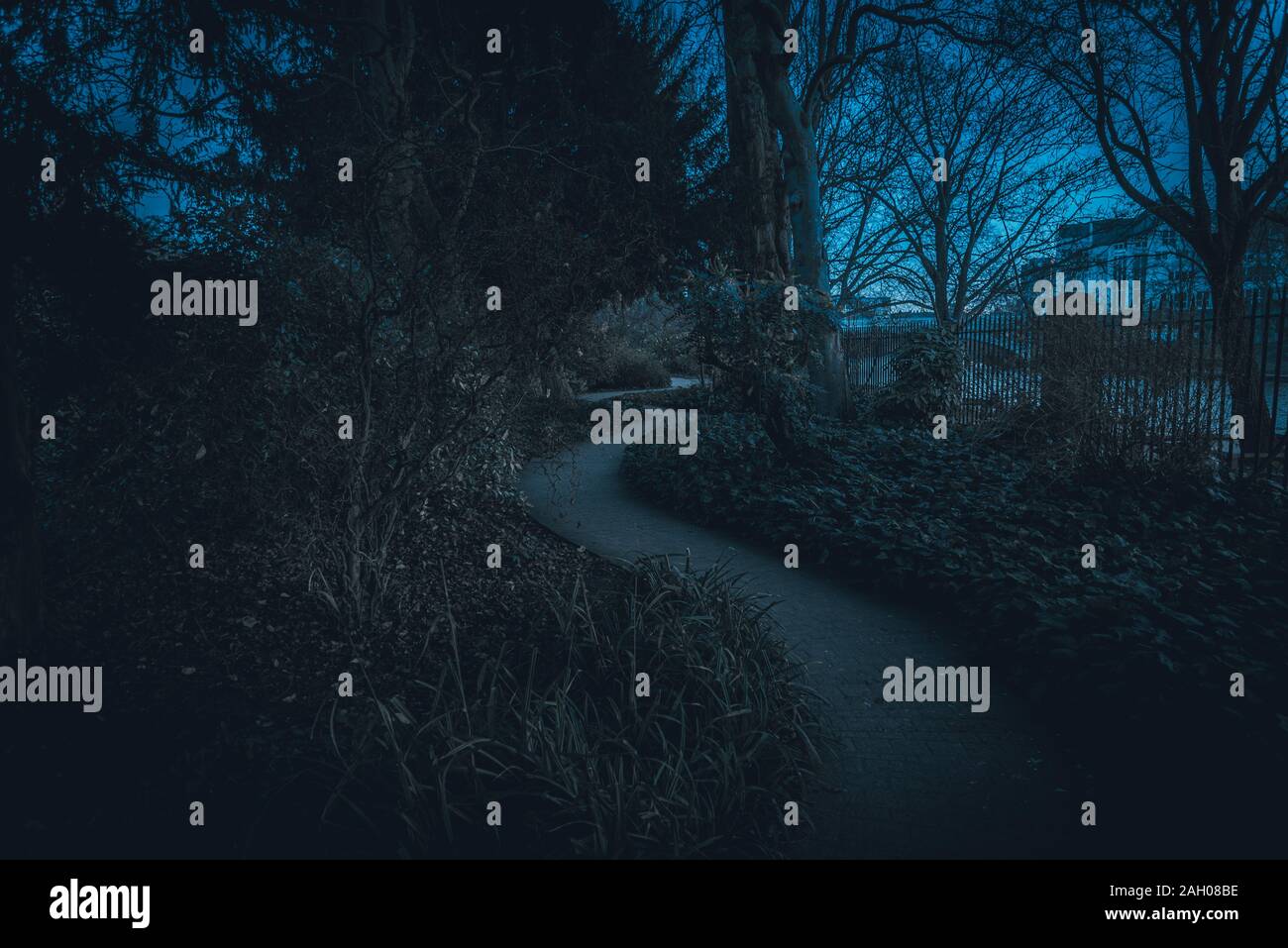 Spooky pathways with green lawns, in the garden at night. Top view of ...