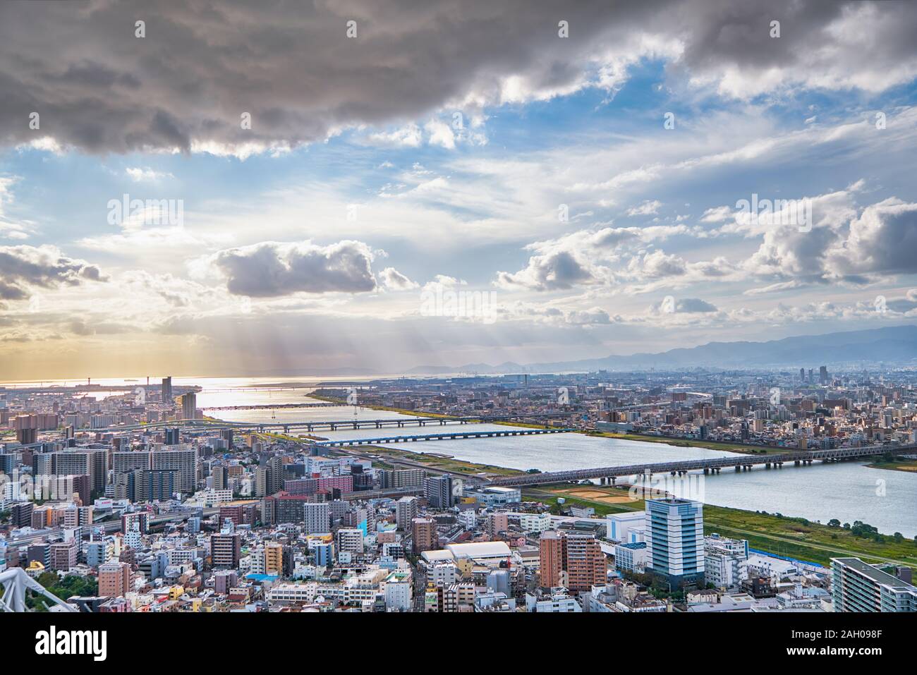 The birds eye view of Yodo River under the sun lights. Osaka. Japan ...