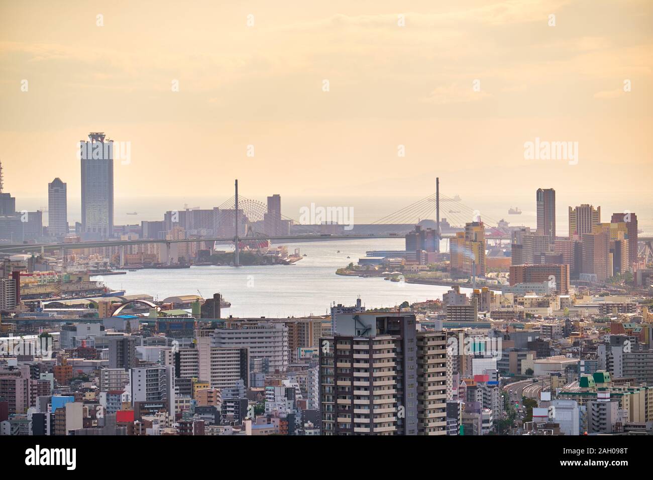 The birds eye view of Yodo River under the sun lights. Osaka. Japan ...