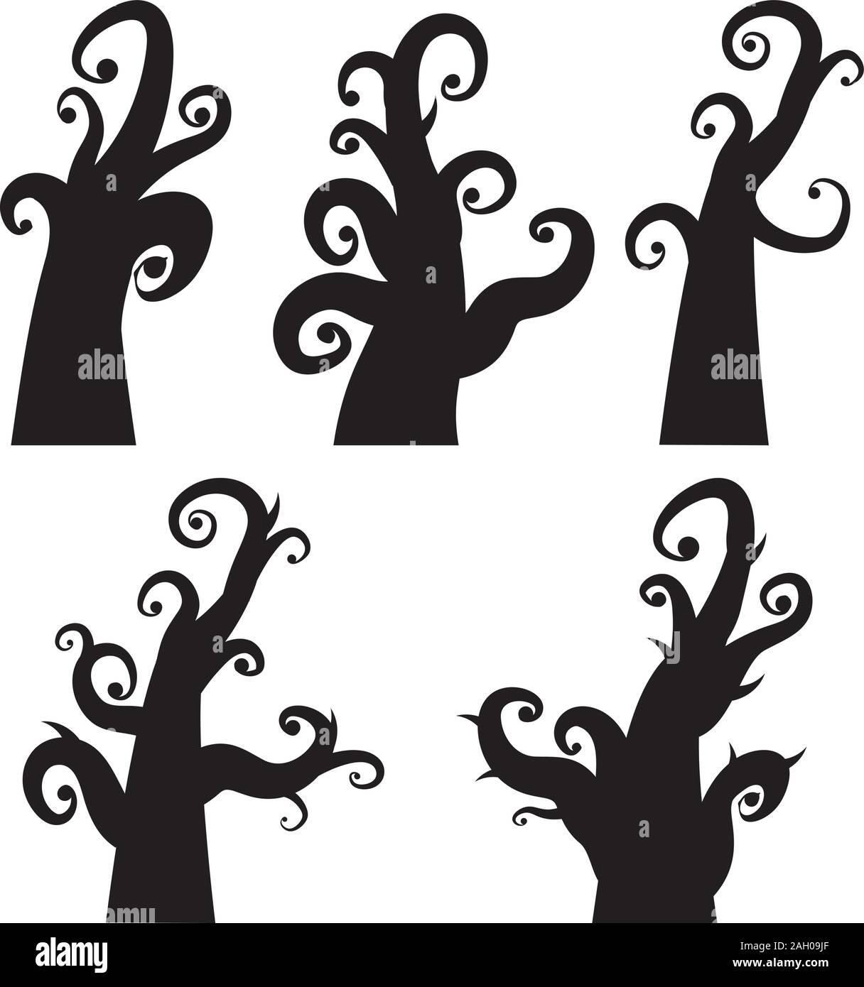 Black silhouettes of creepy halloween trees on white background Stock ...