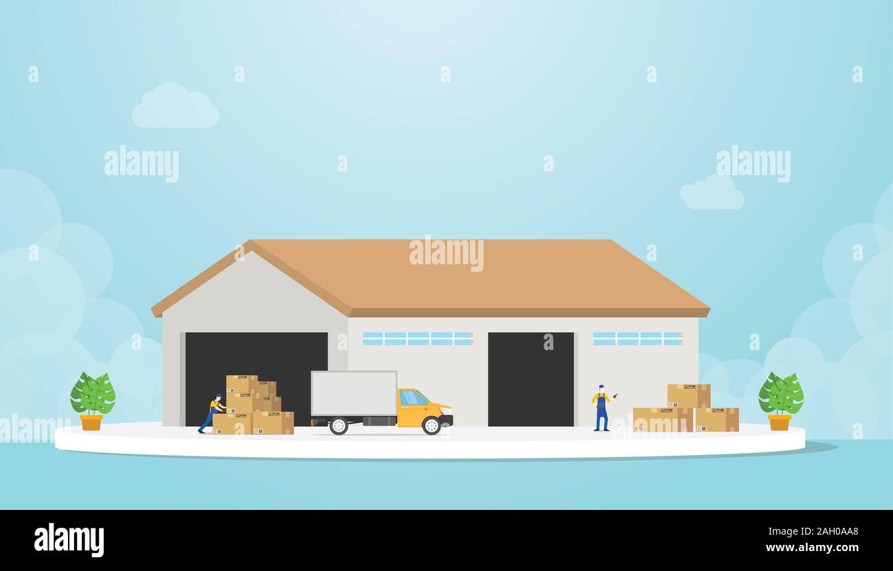 warehouse with truck and goods stack and warehouses employee with ...