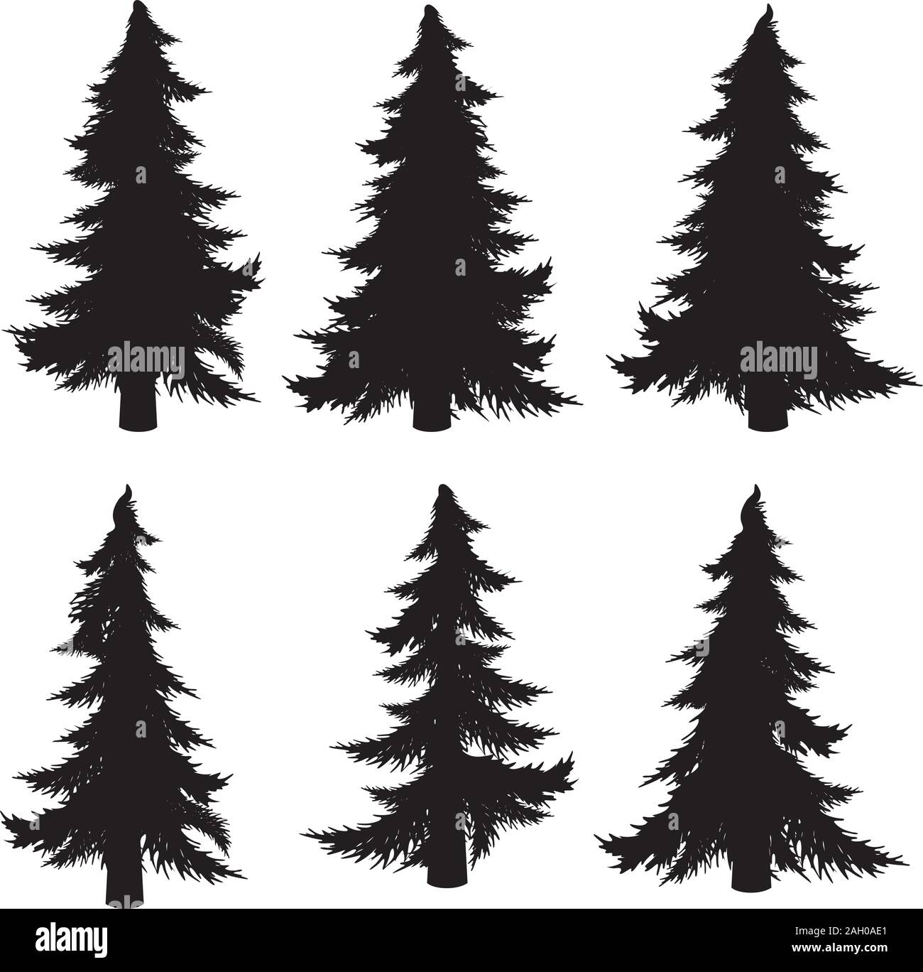 Collection of stylized black silhouettes of fir tree on white ...