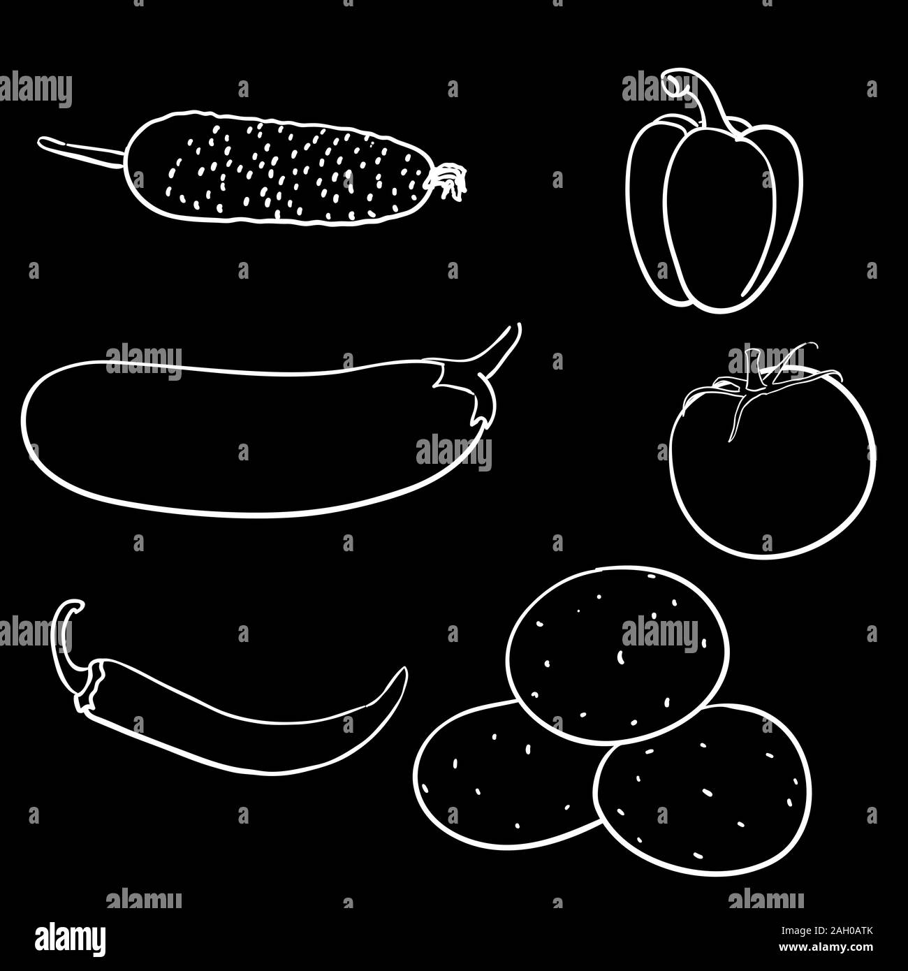 Vegetables on black background. Outline doodle. Vector illustration ...