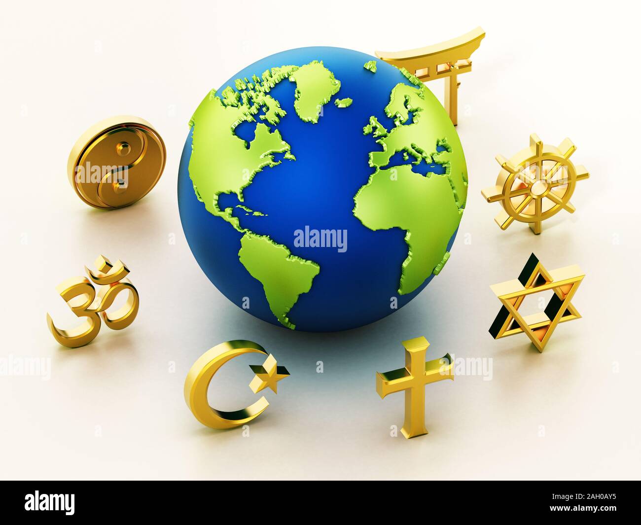 Religion symbols around earth isolated on white background. 3D ...
