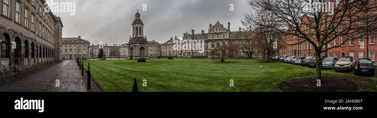 DUBLIN, IRELAND, DECEMBER 21, 2018: Panoramic view of Trinity College ...