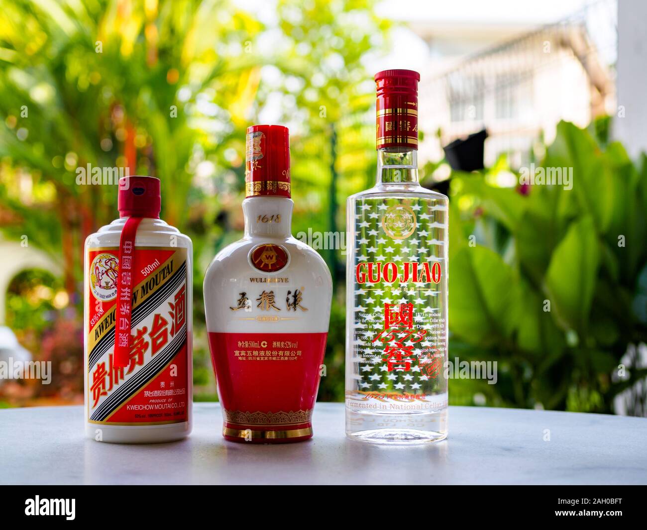 SINGAPORE – 29 MAR 2019 - Three bottles of well-known luxury baijiu Chinese liquor with copy ...