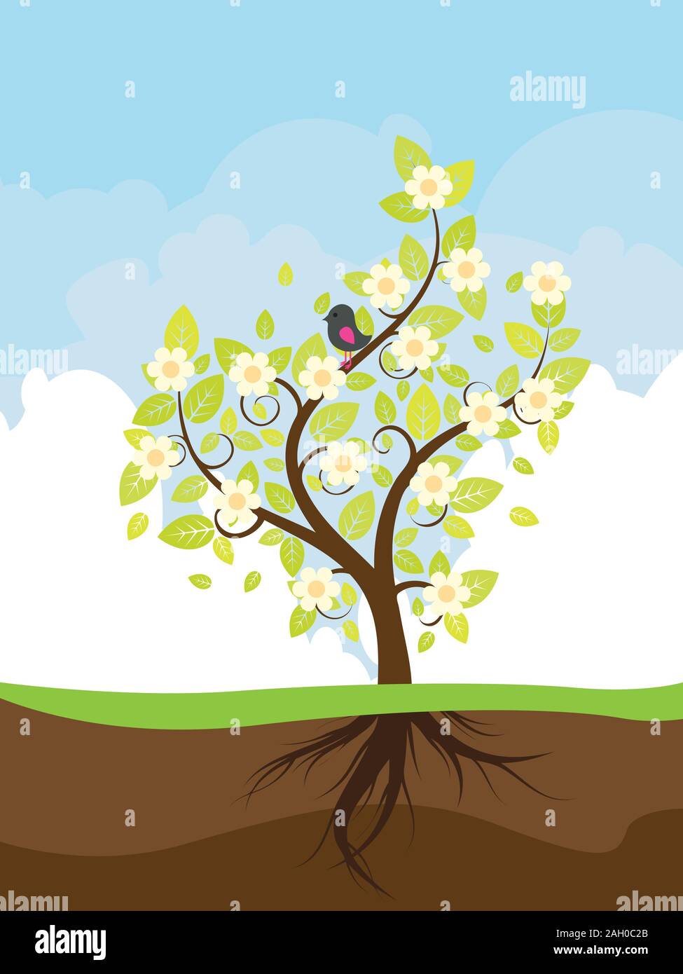 Cloudy sky background and stylized tree in bloom on the ground Stock ...