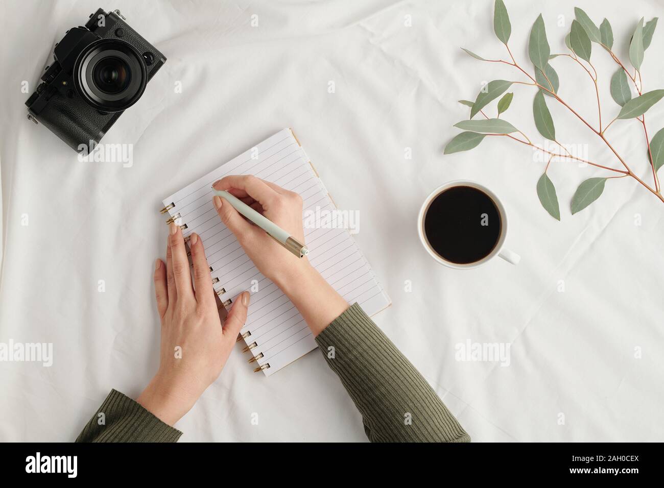 Hands of young woman with pen over open notebook making working notes ...