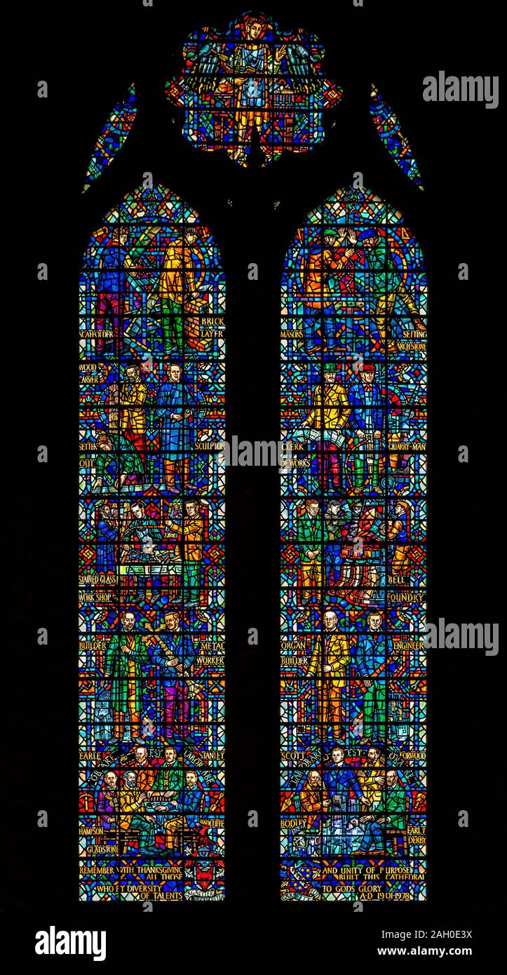 LIVERPOOL, ENGLAND, DECEMBER 27, 2018: Stained glass from interior of ...