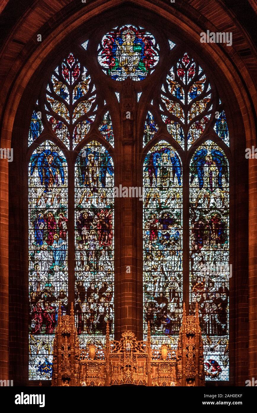 LIVERPOOL, ENGLAND, DECEMBER 27, 2018: Stained glass from interior of ...