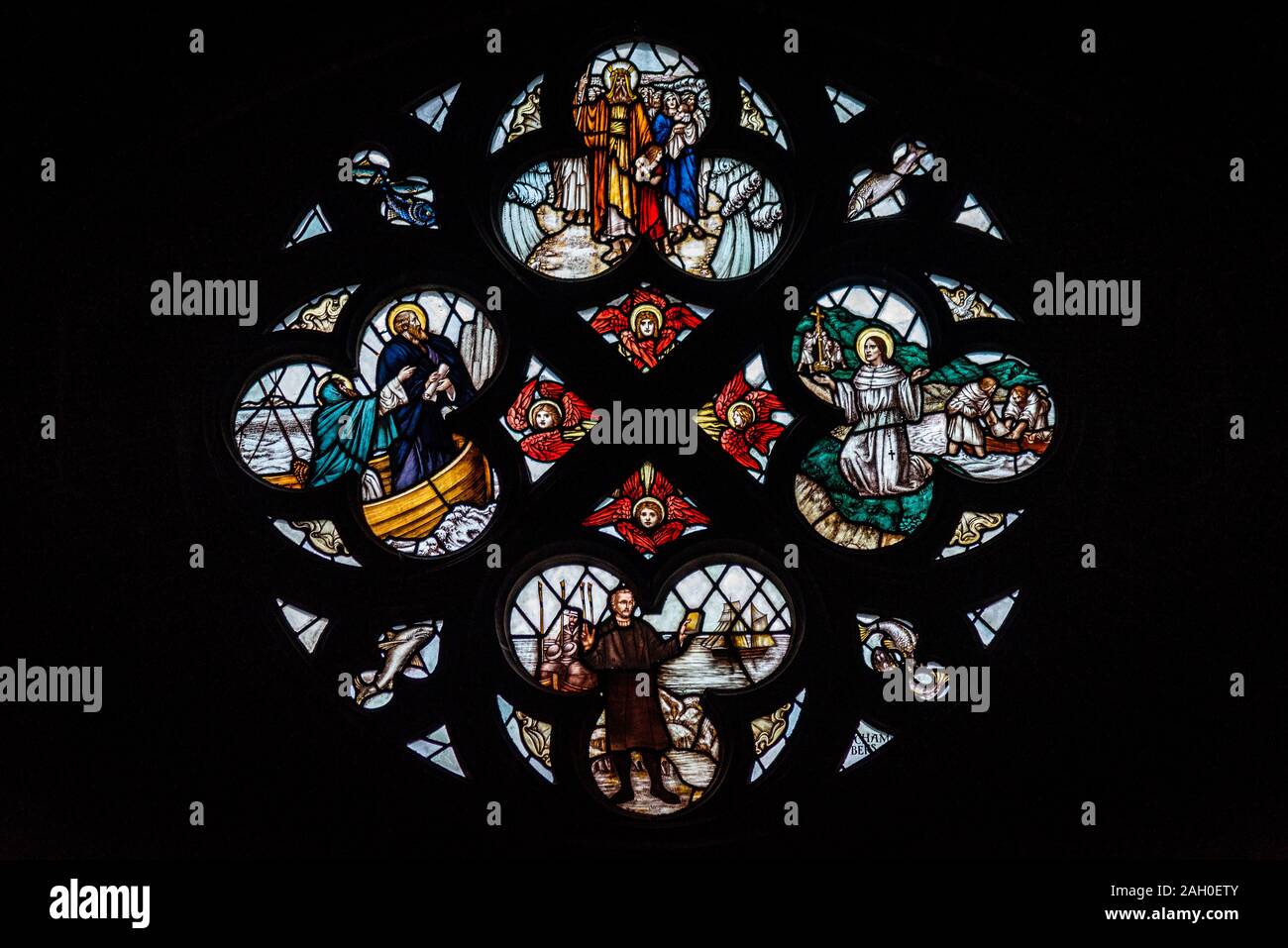 LIVERPOOL, ENGLAND, DECEMBER 27, 2018: Stained glass from interior of ...