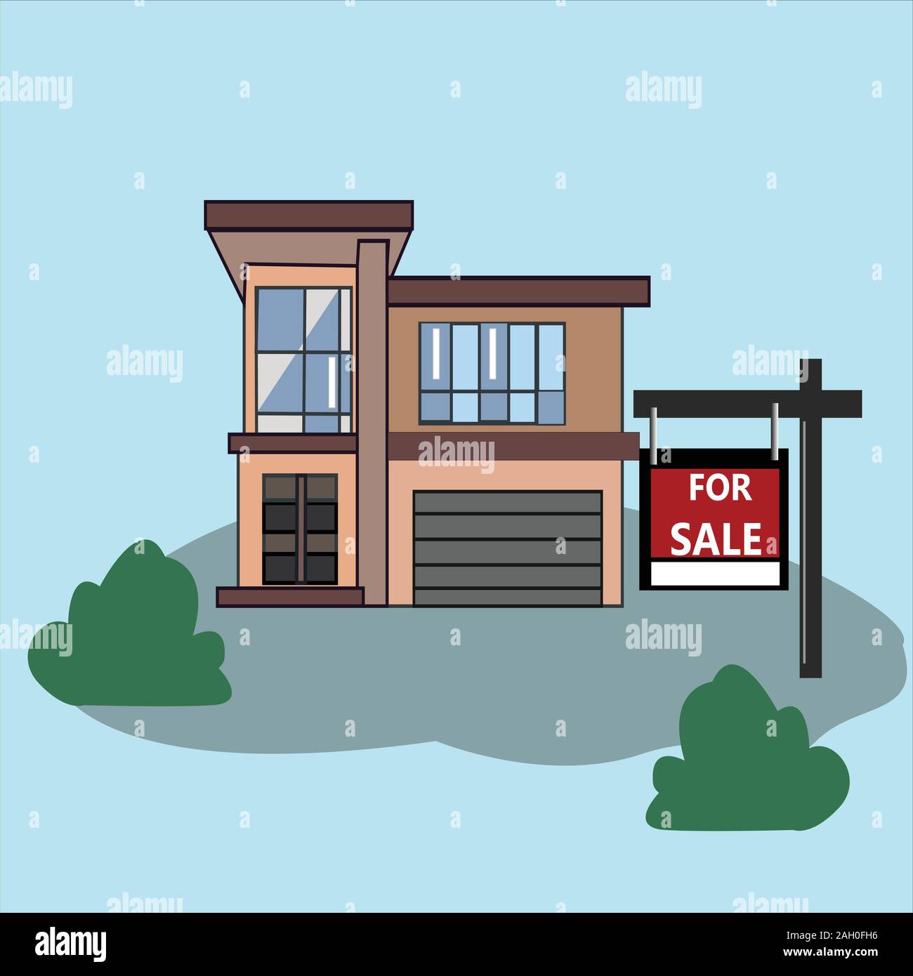 House with For Sale Sign. Picture. Real Estate Sign to advertise a ...