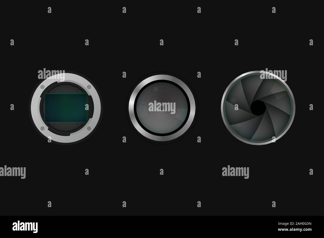 Image sensor, shutter and lens. Vector illustration. Camera equipment ...