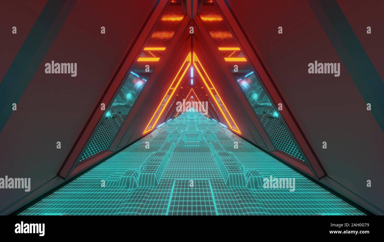 technical scifi space warship tunnel corridor with glowing wireframe ...