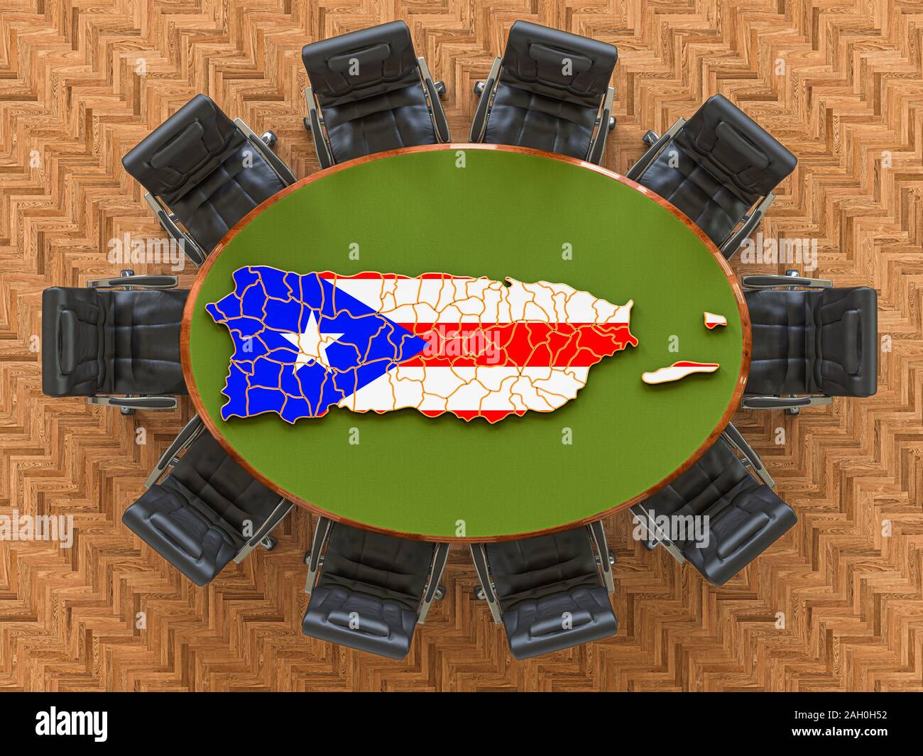 Puerto Rican goverment meeting. Map of Puerto Rico on the round table ...