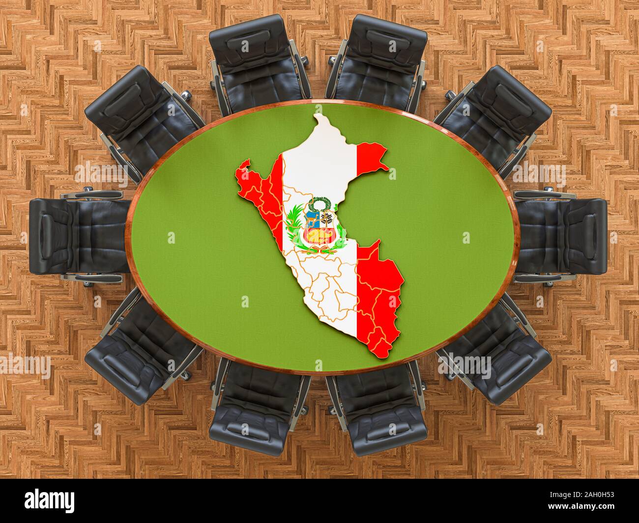 Peruvian goverment meeting. Map of Peru on the round table, 3D ...