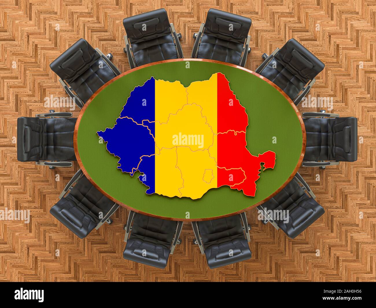 Romanian goverment meeting. Map of Romania on the round table, 3D ...