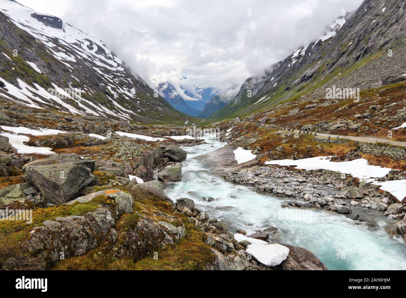Norway landscape in mountain valley - Strynefjellet. Mountain stream ...