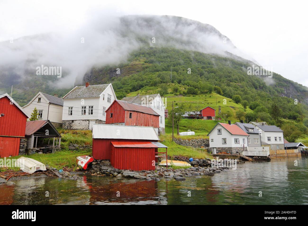 Norway fiord landscape - Aurlandsfjord, part of Sognefjord. Town of ...